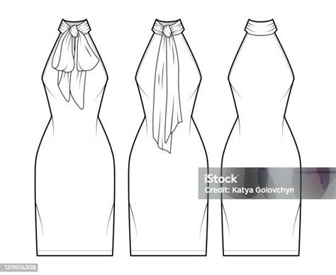 드레스 넥 보우 테크니컬 패션 일러스트와 홀터 네크라인 민소매 몸에 맞는 무릎 길이 의 연필 스커트 0명에 대한 스톡 벡터 아트