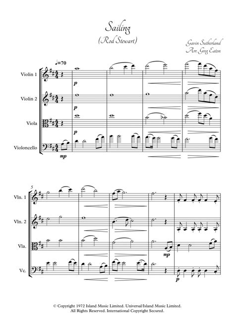 Sailing Arr Greg Eaton By Rod Stewart Sheet Music For String Quartet