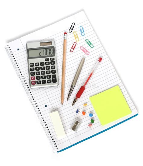 Notebook Calculator Pen Pencil Sharpener Eraser Stock Image Image Of Memo Thumbtack 18394523