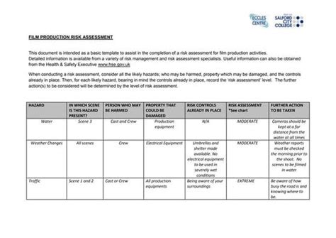 Film Production Risk Assessment Docx Medical Health