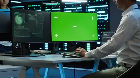 engineer in server hub using green screen pc to stop hacker passing