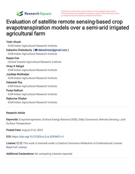 Pdf Evaluation Of Satellite Remote Sensing Based Crop Evapotranspiration Models Over A Semi