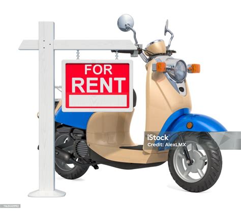 스쿠터 또는 오토바이 대여 개념 스쿠터와 임대 에 대한 기호 흰색 배경에 고립 된 3d 렌더링 3차원 형태에 대한 스톡 사진 및 기타 이미지 Istock