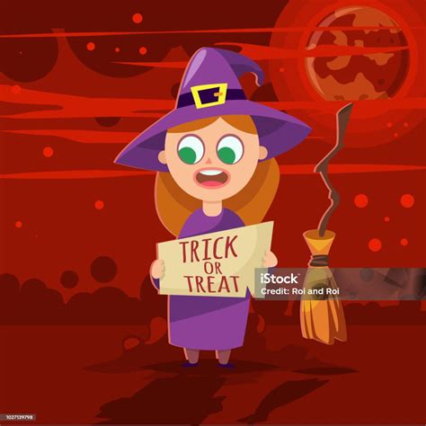 할로윈 아이 귀여운 마녀 빗자루와 사인의 간 계 또는 치료 빨간 추상적인 배경에 벡터 만화 영화 휴가 파티를 위한 평면 문자 포스터에 대 한 서식 파일 디자인입니다 10월에