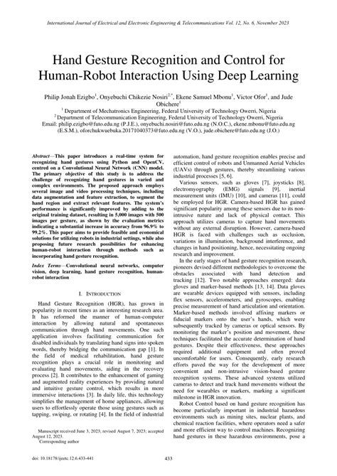 pdf hand gesture recognition and control for human robot interaction