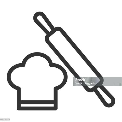廚師帽和麵團滾針簡單的食物圖示在時尚線條風格孤立在白色背景的網路應用程式和移動概念向量插圖向量圖形及更多午餐圖片 午餐 外型 帽子