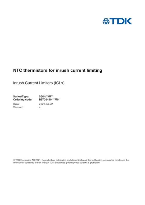 Pdf Ntc Thermistors For Inrush Current Limiting Tdk Applications