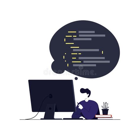 Person Coding At A Computer With Thought Bubble Of Code Snippets Stock
