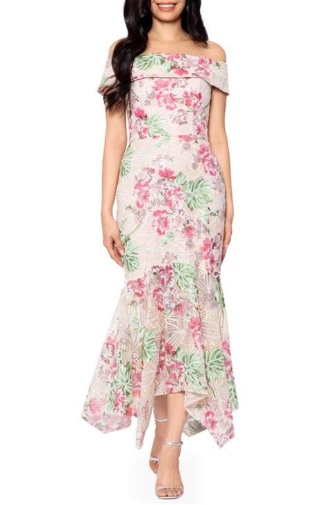 Xscape Sequin Embroidered Off The Shoulder Midi Cocktail Dress Blush