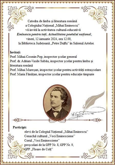 Colegiul Național Mihai Eminescu Baia Mare marchează Ziua Culturii