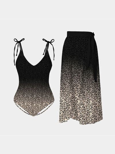 Leopard Tie Shoulder Swimwear And Skirt Swim Set In There Like