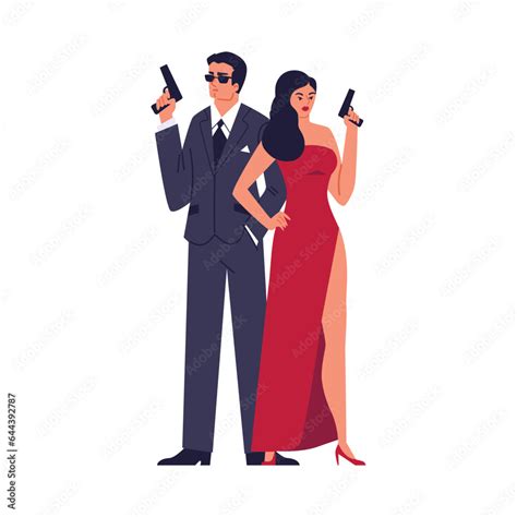 Special Secret Agents Couple Armed With A Pistol Vector Man In Dark