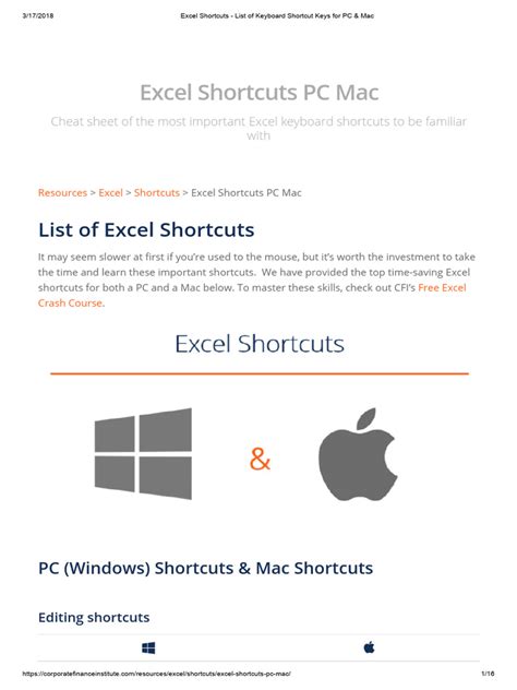 excel shortcuts list of keyboard shortcut keys for pc and mac pdf