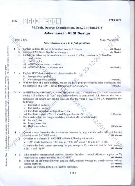 3rd Semester M Tech Cmos Vlsi Design Dec 2013 Question Papers