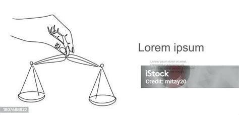연속 선 그리기에서 세계 사회 정의의 날을 위해 체중계 상징을 들고 있는 손의 단일 선 그리기 따옴표 템플릿이 있는 그림입니다 한붓그리기에 대한 스톡 벡터 아트 및 기타