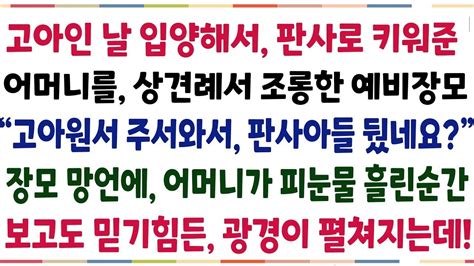 반전신청사연고아인 날 입양해서 판사로 키워준 어머니를 상견례에서 조롱한 예비장 고아원서 주서와서 판사아들 뒀네요 장모 망언에 어머니가신청사연사이다썰사연라디오 Youtube