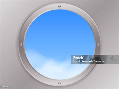 현관에서 구름이 있는 푸른 하늘 포스터 또는 배너용 벡터 일러스트레이션 둥근 창에 대한 스톡 벡터 아트 및 기타 이미지 둥근 창 반짝이는 배경 주제 Istock
