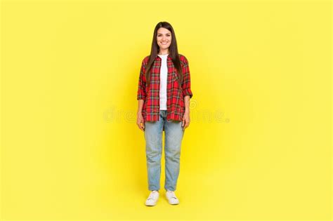 Full Length Photo Of Adorable Pretty Lady Wear Plaid Shirt Smiling
