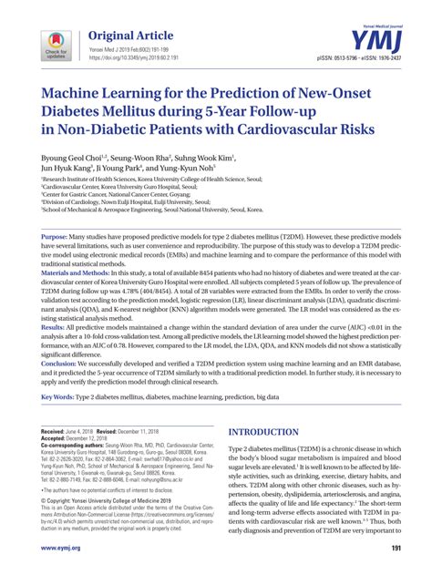 Pdf Machine Learning For The Prediction Of New Onset Diabetes