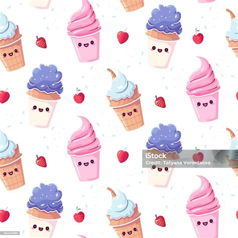 Pola Vektor Lucu Dengan Es Krim Merah Muda Dan Ungu Dan Stroberi Dengan