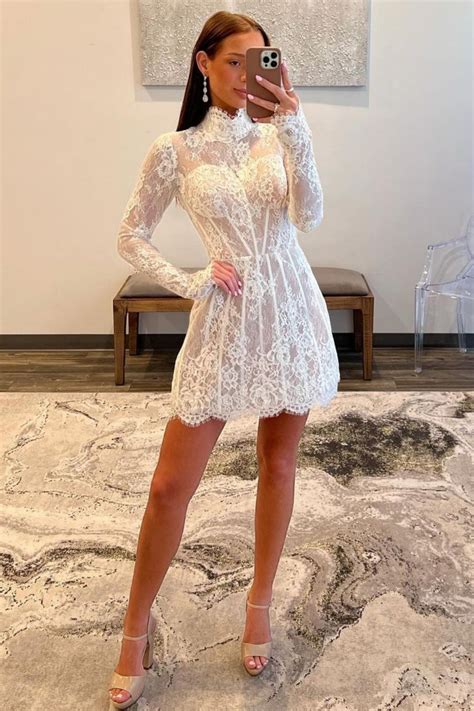 Luuvis Women White A Line High Neck Long Sleeves Short Lace Homecoming