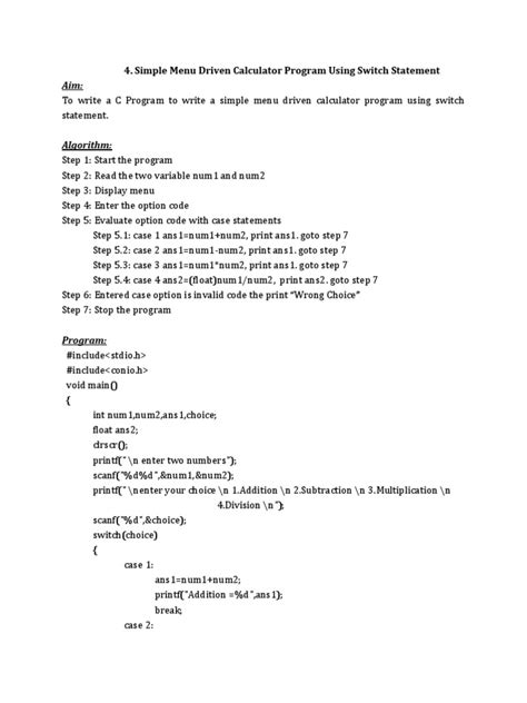Simple Menu Driven Calculator Program Using Switch Statement Pdf