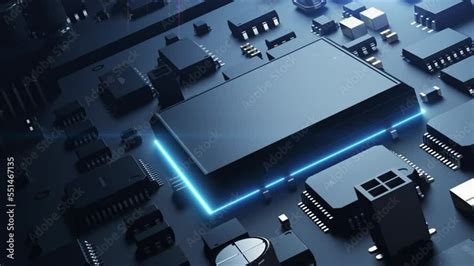 A Robotic Arm On A Conveyor Belt Inserts A Cpu Onto A Printed Circuit Board Animation On The