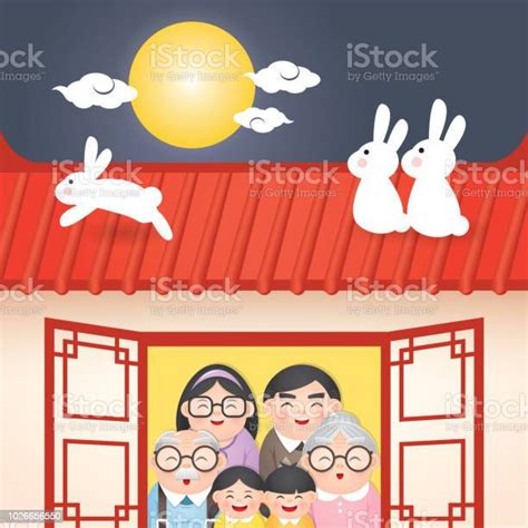 중순가 축제 또는 행복 한 가족와 귀여운 토끼 달 보고 Zhong Qiu Jie 그림 가을에 대한 스톡 벡터 아트 및 기타