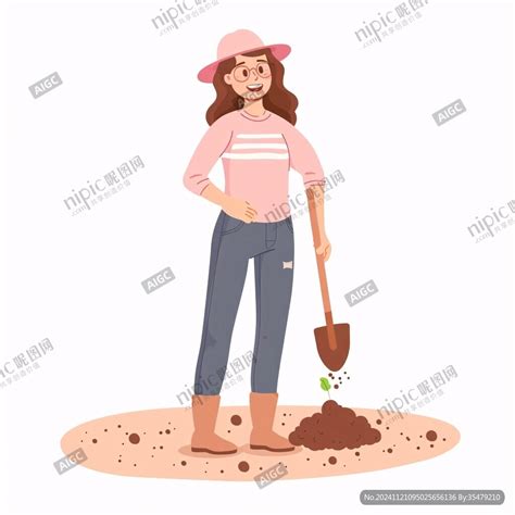 ai创作图手绘女主人整理花园 种地卡通设计 拿铲子的姑娘 人物女性种树 劳作卡通插画 清洁工插画 整理花园的女孩插画 赶海女插画 挖菜插画