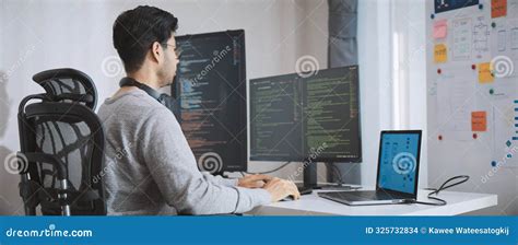 Asian Male Software Developer Coding Program On Desktop Computer Man Work From Home Remote