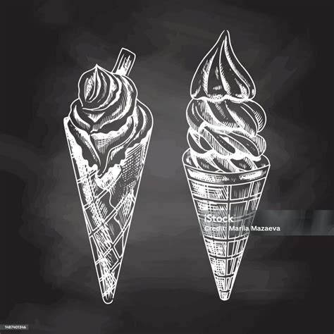 Handgezeichnete Skizze Einer Waffeltüte Mit Gefrorenem Joghurt Oder