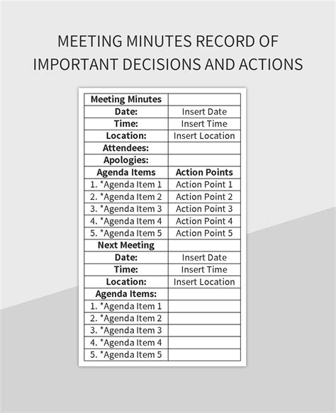 Meeting Minutes Record Of Important Decisions And Actions Excel