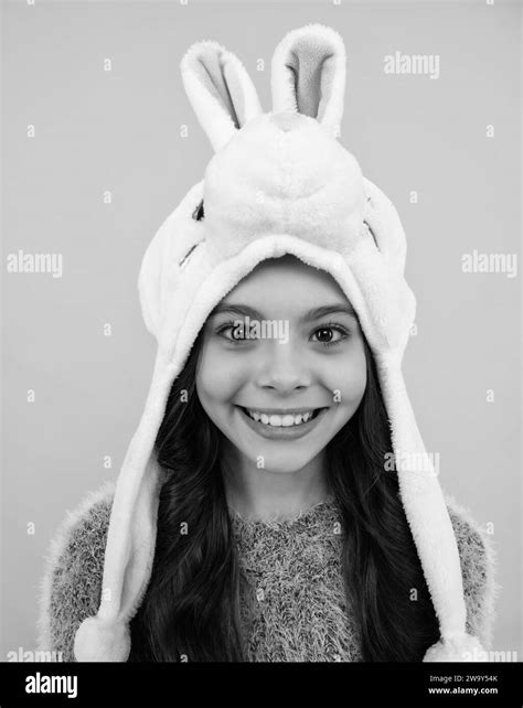 Bunny Winter Hat Modern Teen Girl Wearing Sweater And Knitted Hat On