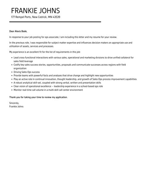 Ops Associate Cover Letter Velvet Jobs