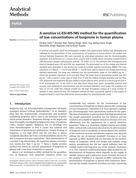 Pdf A Sensitive Lc Esi Msms Method For The Quantification Of Low Concentrations Of Buspirone
