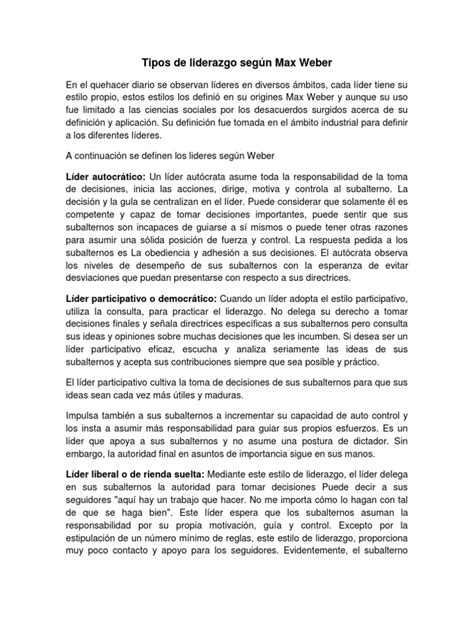 Tipos De Liderazgo Según Max Weber Informacion Descargar Gratis Pdf