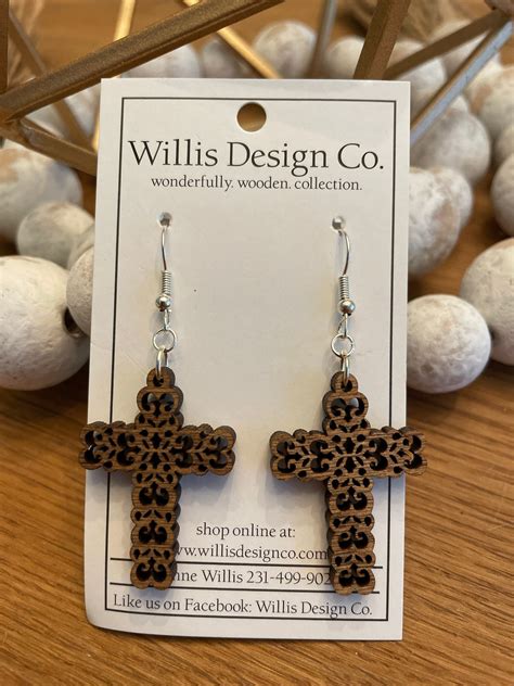 Wooden Filigree Cross Earrings