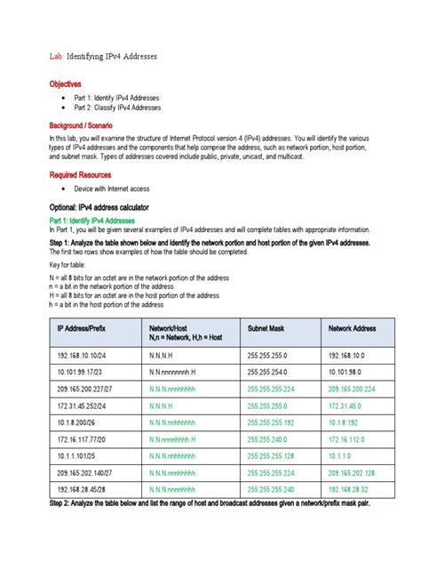 Lab Identifying Ipv4 Addresses Pdf Ip Address Computer Network