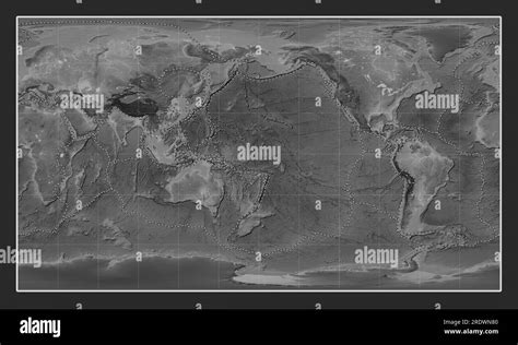 Tectonic Plate Boundaries On The World Grayscale Elevation Map In The Patterson Cylindrical