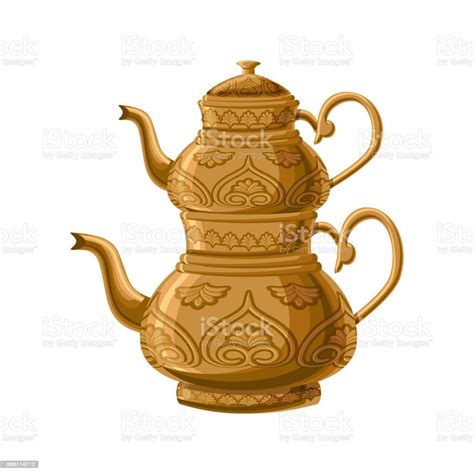 터키 전통 골동품 구리 주전자 흰색 배경에 고립 된 이중 주전자 장식 티포트에 대한 스톡 벡터 아트 및 기타 이미지 티포트 황동 0명 Istock
