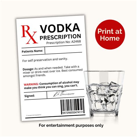 Rx Vodka Prescription Label Printable Novelty T Birthday T For