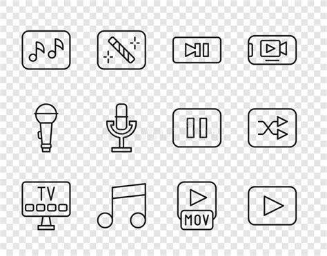 Set Line Smart Tv Play Button Pause Music Note Tone Microphone MOV File And Arrow Shuffle