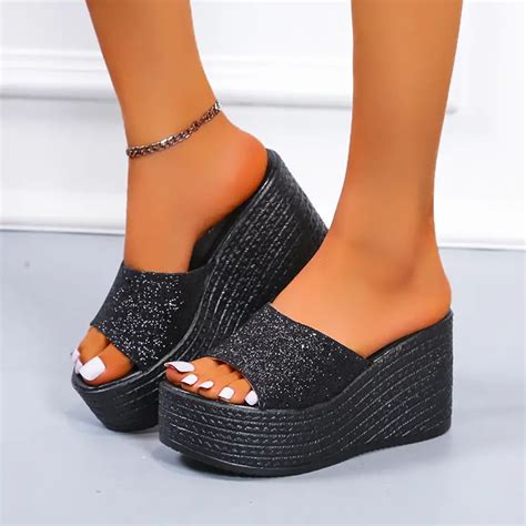 Womens Sequins Platform Wedge Slides Fashion Lightweight Temu United