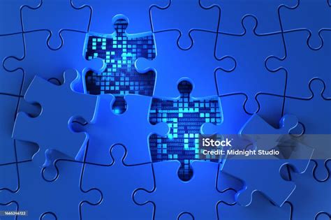 패널의 파란색 직소 퍼즐은 기술 코드 번호의 배경을 보여줍니다 비즈니스에 대한 스톡 사진 및 기타 이미지 비즈니스 데이터 실톱 Istock
