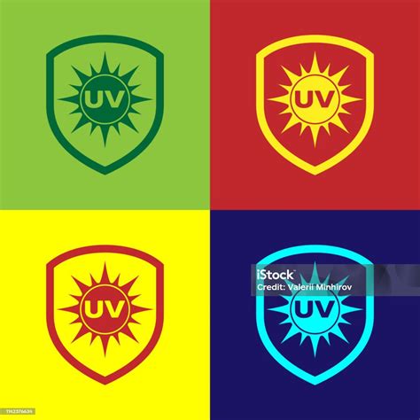 컬러 배경에 고립 된 색상 Uv 보호 아이콘입니다 태양과 방패 울트라 바이올렛 광선 방사선 Spf 태양 기호입니다 평면