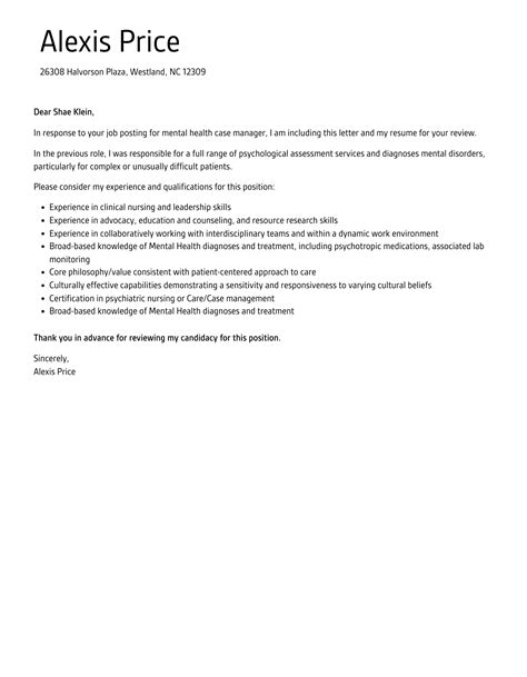 Mental Health Case Manager Cover Letter Velvet Jobs