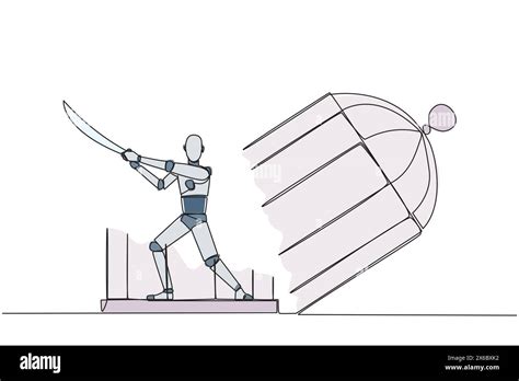 Continuous One Line Drawing Smart Robot Trapped In The Cage Holds