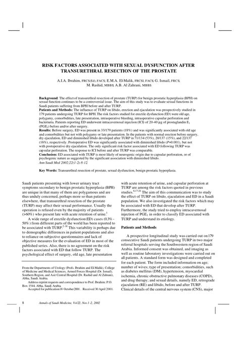 Pdf Risk Factors Associated With Sexual Dysfunction After Transurethral Resection Of The Prostate