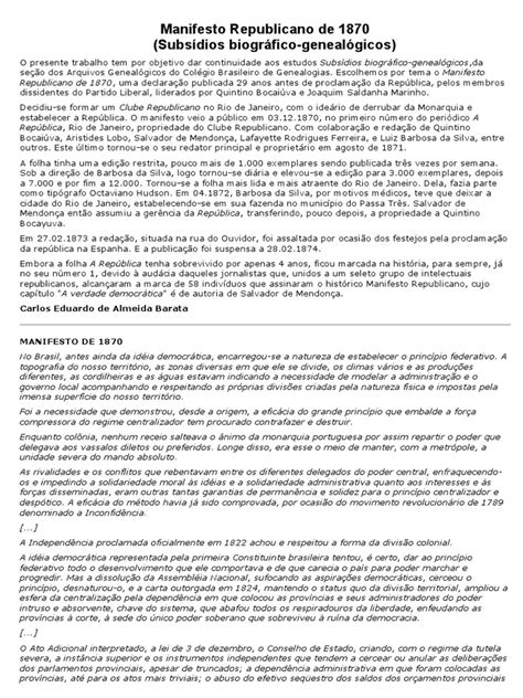 Manifesto Republicano De 1870 Genealogia Dos Que Assinaram Pdf