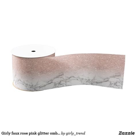 Girly Faux Rose Pink Glitter Ombre White Marble Grosgrain Ribbon